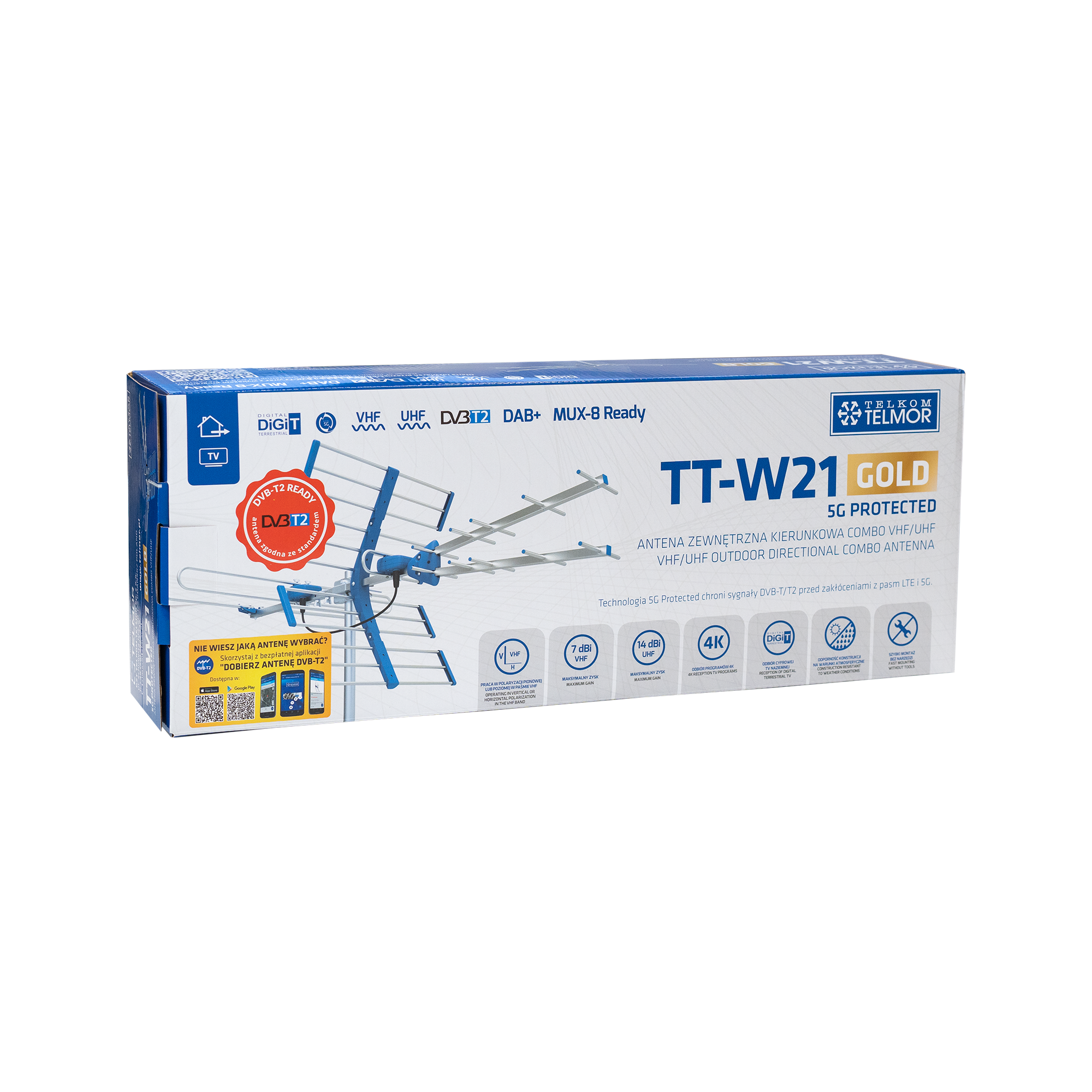 Antena TV DVB-T/T2 VHF/UHF TT W21 Gold COMBO 5G Protected Telkom Telmor ...